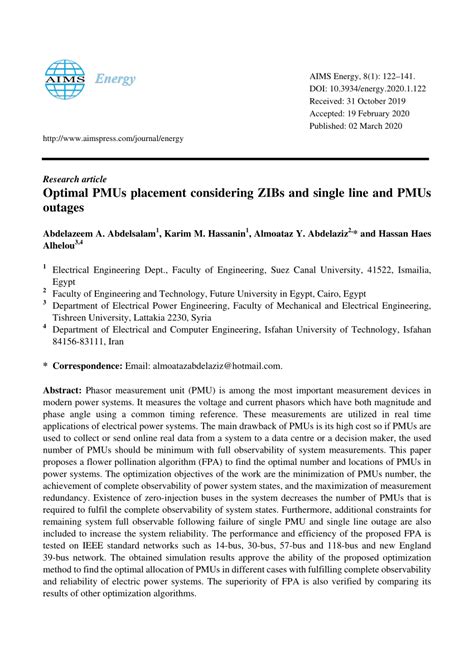 Pdf Optimal Pmus Placement Considering Zibs And Single Line And Pmus