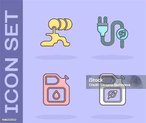 바이오 연료 캐니스터 배럴 오일 누출 휘발유 캐니스터 및 전기 절약 플러그 리프 아이콘을 설정합니다 벡터 0명에 대한 스톡 벡터 아트 및 기타 이미지 Istock