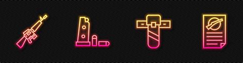 세트 라인 나이프 홀스터 M16a1 소총 총기 탄창 및 총알 및 총기 면허 증명서 빛나는 네온 아이콘입니다 벡터 M16 소총에