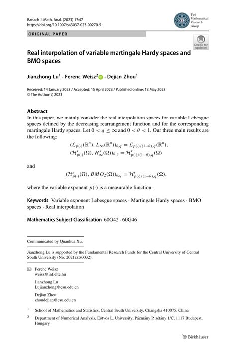Pdf Real Interpolation Of Variable Martingale Hardy Spaces And Bmo Spaces