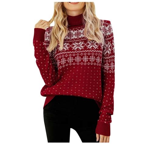 Christmas Sweater For Women Snowflake Long Sleeve Turtleneck Knitted