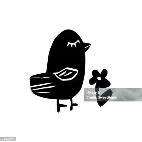 귀여운 새 와 꽃 손으로 그린 장식 순진한 흑백 벡터 일러스트 레이 션 귀여운에 대한 스톡 벡터 아트 및 기타 이미지 귀여운
