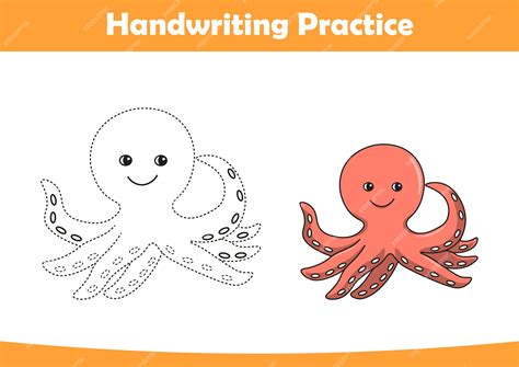 어린이를 위한 손글씨 따라 그리기 및 문어 색칠 연습 프리미엄 벡터