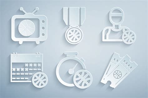 농구 공 농구 선수 스포츠 캘린더 게임 티켓 메달 및 경기 Tv 아이콘으로 스톱워치를 설정합니다 벡터 0명에 대한 스톡 벡터