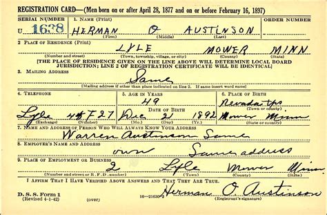 Herman Austinson World War 2 Draft Registration Card Lyle Historical Society