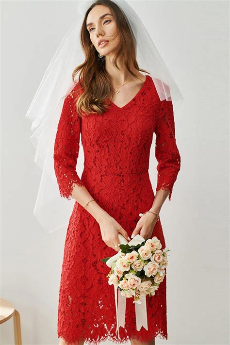 Red V Cut Sleeves Elegant Lace Short Partydress Daydress T001702