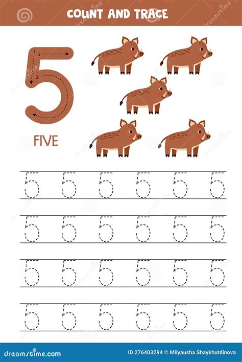 trace numbers number 5 five cute cartoon boars stock vector
