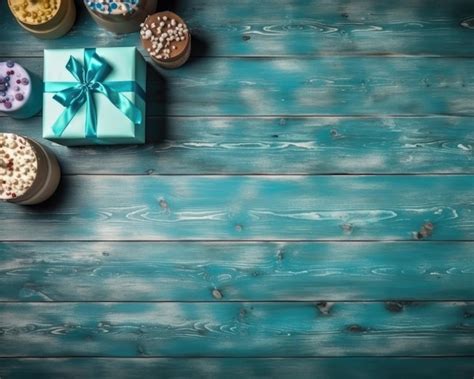 Premium Ai Image A Blue Table With A Box Of Donuts And A Blue Ribbon