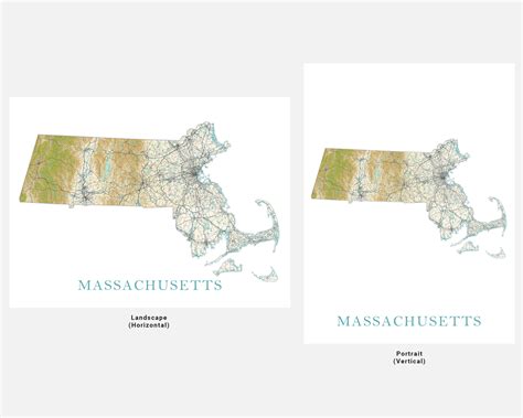 Massachusetts State Wall Art Map Print Poster Topographic Terrain Lan