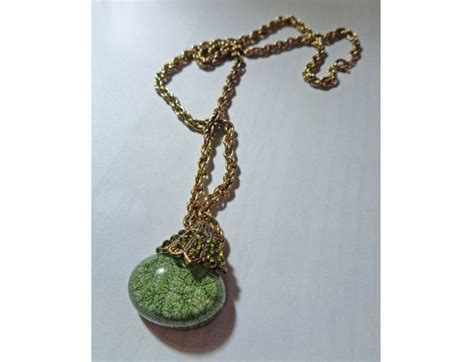 Vintage Choker Pendant Necklace Green Oval Cabochon With Rhinestones