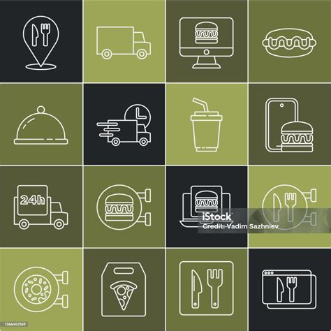 세트 라인 온라인 주문 및 배달 카페 레스토랑 위치 자동차로 빠른 음식 트레이와 종이 유리 물 아이콘으로 덮여 벡터 가리기에 대한 스톡 벡터 아트 및 기타 이미지 Istock