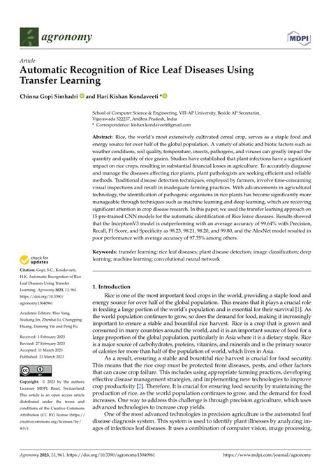 pdf automatic recognition of rice leaf diseases using transfer learning