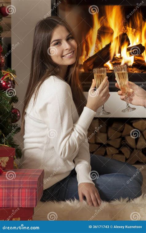 Pretty Young Woman In Front Of Fireplace Stock Image Image Of