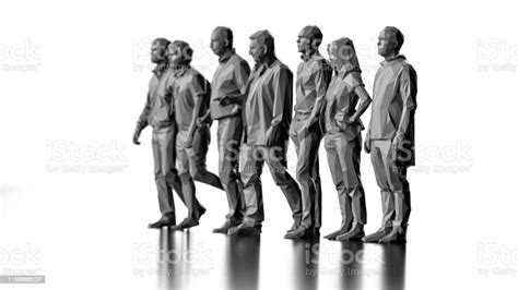 오른쪽보기 여섯 남자와 인과 성 옷과 다른 제스처 3d 렌더링 한 여자 3차원 형태에 대한 스톡 사진 및 기타 이미지 3차원