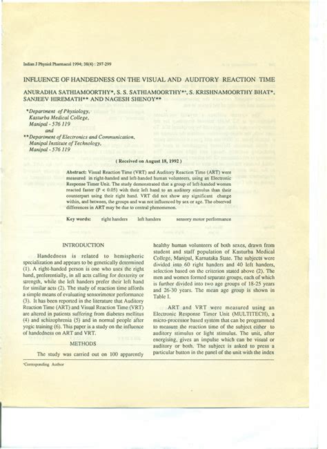 Pdf Influence Of Handedness On The Visual And Auditory Reaction Time