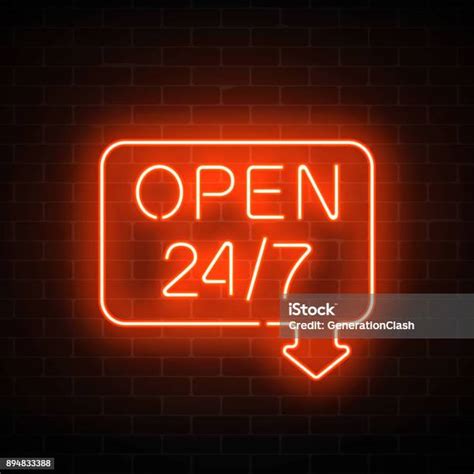 24 시간 주 7 일 화살표 벽돌 벽 바탕에 기하학적 모양에 로그인 하는 네온 24 시간 영업 표시에 대한 스톡 벡터 아트 및