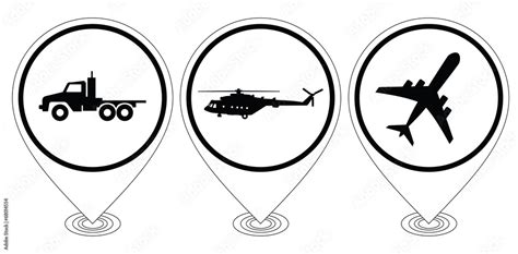 Black Icons Of Aircraft Trucks Helicopters Raster Stock Illustration