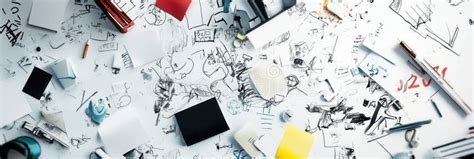 Creative Brainstorming Session Sticky Notes Sketches Design Elements Innovative Workspace Stock