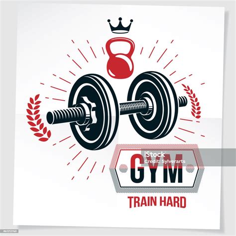 무게 리프팅 챔피언십 벡터 승진 플라이어 디스크 무게 아령 주전자 벨 스포츠 장비와 로얄 크라운 만든 기차 하드 글자 건강한 생활방식에 대한 스톡 벡터 아트 및 기타 이미지
