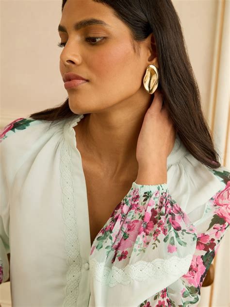 Buy Love And Roses Mint Floral Print Notch Neck Long Sleeve Blouse From