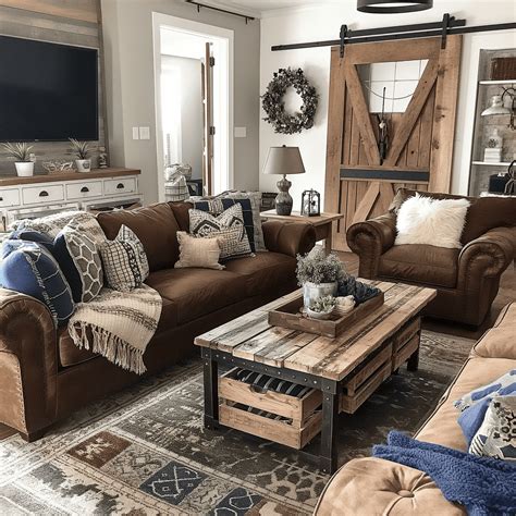 Warm Brown Rustic Living Room With Navy Accents Room Concept