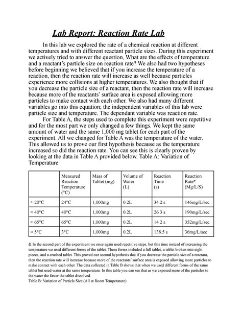 Lab Report Reaction Rate Lab During This Experiment We Actively Tried