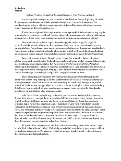 Indeks Produksi Retikulosit Sebagai Diagnosis Dini Anemia Aplastik Pdf
