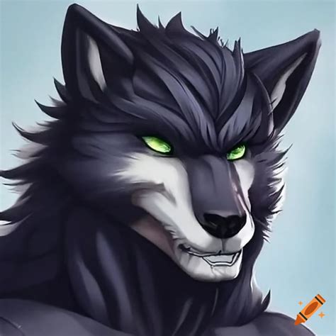 Anthro Wolf With Solid Black Fur And Green Eyes On Craiyon