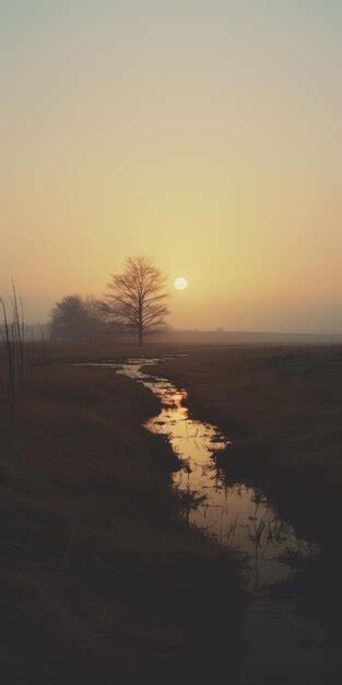 Premium Photo Hazy Sunset Landscape With Trees And Stream