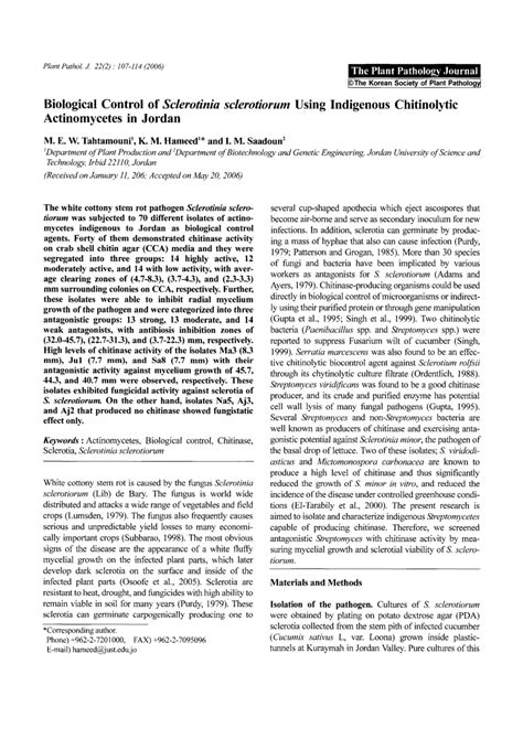 Pdf Biological Control Of Sclerotinia Sclerotiorum Using Indigenous Chitinolytic Actinomycetes