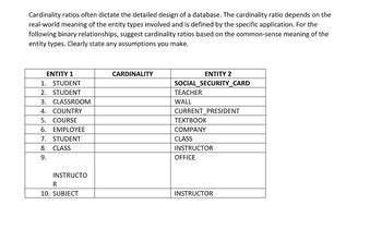 Answered Cardinality Ratios Often Dictate The Detailed Design Of A Database The Cardinality