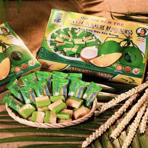Kẹo Dừa Dẻo Lá Dứa Sầu Riêng Thanh Long Hộp 400g Bao Bì Riêng Từng