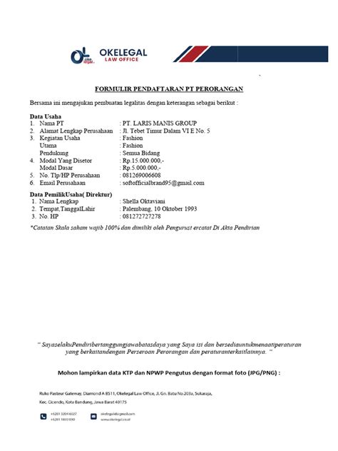 So Formulir Pendaftaran Pendirian Pt Perorangan Pdf