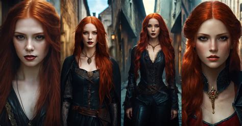 Lexica - A portrait of a beautiful redhead vampire, Symmetrical face, red eyes, long red hair ...