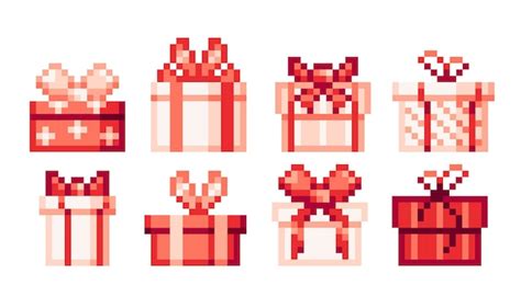 Premium Vector | Gift boxes with red ribbons pixel art set Present ...