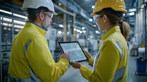 Modern Factory Two Engineers Use Digital Tablet Computer With Augmented