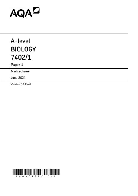 Aqa A Level Biology Paper 1 Question Paper And Markscheme 2024 [verified] Stuvia Uk