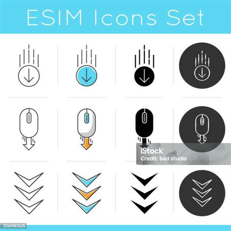 Scrolling Down Arrows Icons Set Computer Mouse And Arrowheads In
