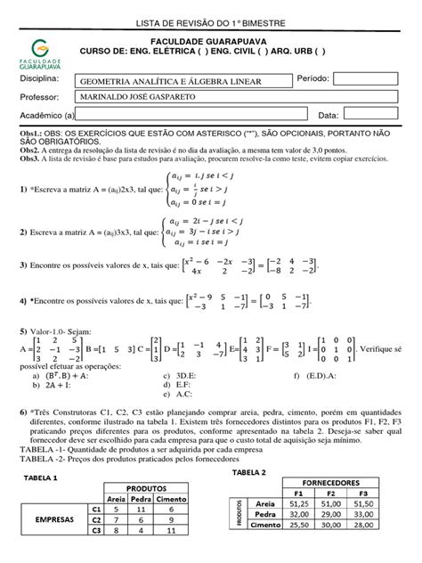 Lista De Revisão Geo Analítica E Álgebra Linear Algebra
