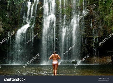 Sexy Female Model Posses In And Around Waterfalls Of Costa Rica Stock