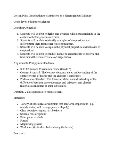 Lesson Plan In Suspension As Heterogeneous Mixture Pdf Filtration