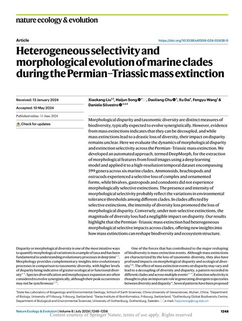 Heterogeneous Selectivity And Morphological Evolution Of Marine Clades During The Permian