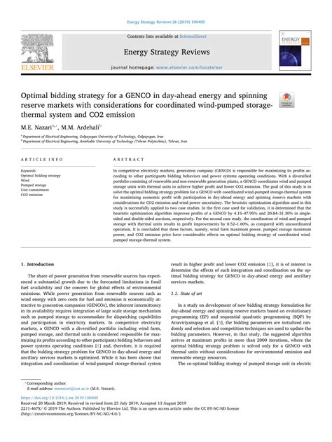 Pdf Optimal Bidding Strategy For A Genco In Day Ahead Energy And Spinning Reserve Markets With