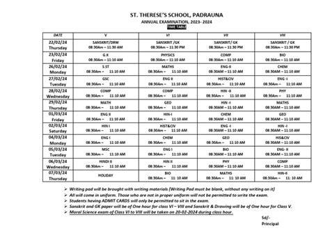 St Thereses School Exam Timetable 2024 Pdf