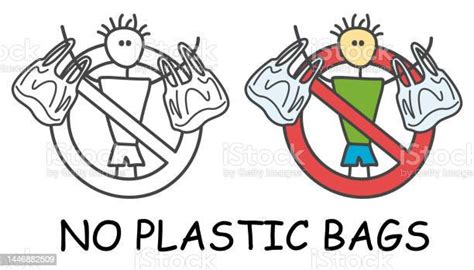 子供風のビニール袋を持つ面白いベクター画像棒人間プラスチック汚染の兆候はありません 赤い禁止停止記号エリアの場所の禁止アイコンステッカー白い
