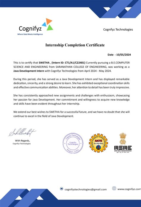 swetha lakshmanan on linkedin internship certificate cognifyz cognifyztech
