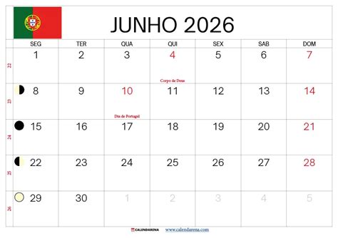 Calendário Junho 2026 Portugal Feriados E Pdf