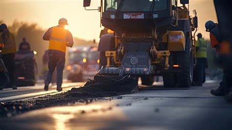 Process Of Asphalting And Paving Asphalt Paver Machine And Steam Road