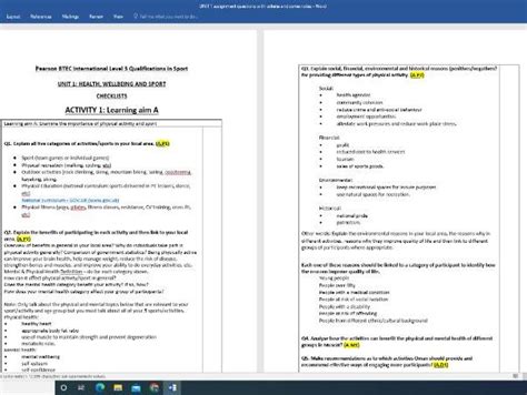 Unit 1 Health Wellbeing And Sport Pearson Btec International Level 3 Subsidiary Checklist