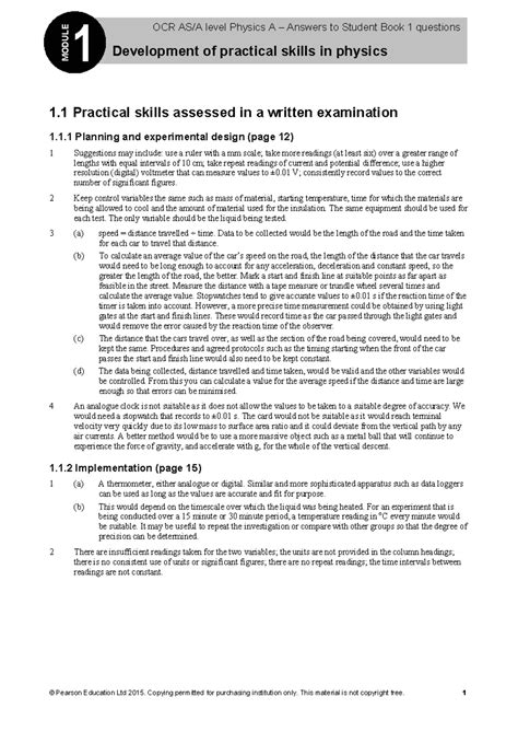 OCR AS Alevel Physics BOOK Answers Development Of Practical Skills In Physics MODULE
